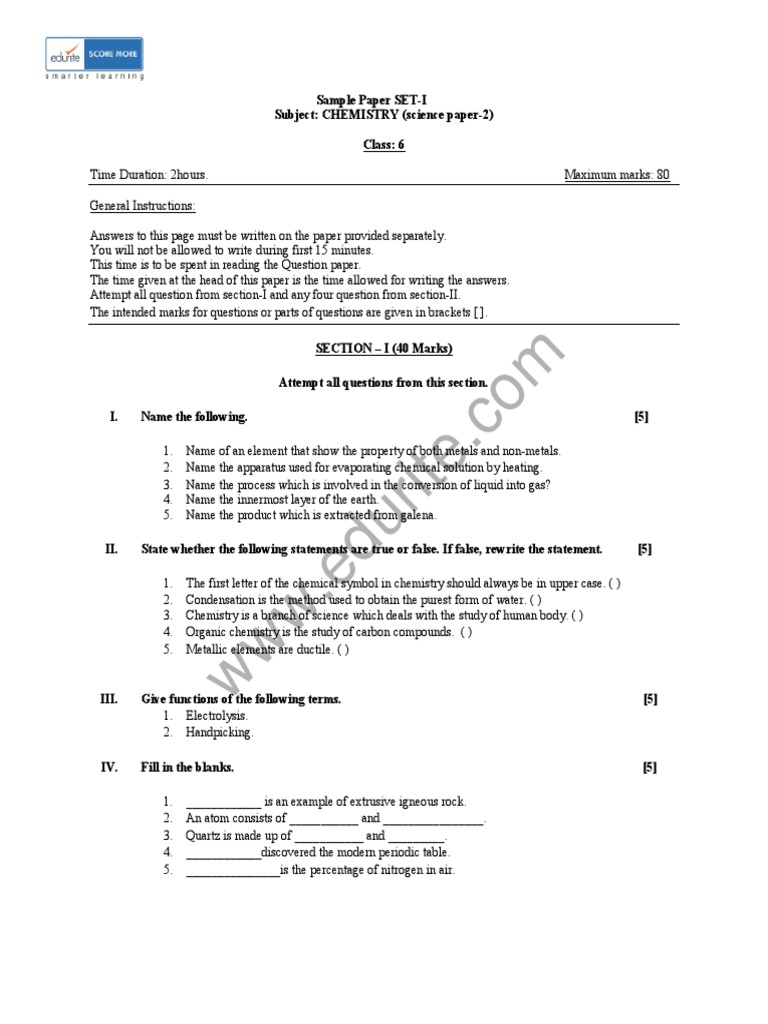 Class 6 ICSE Chemistry Sample Paper Set 1 | PDF | Carbon | Chemical ...