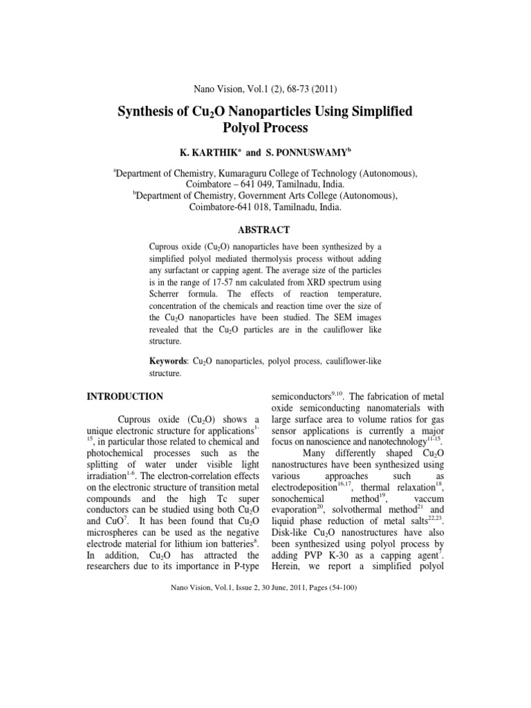 Synthesis of Cu O Nanoparticles Using Simplified Polyol Process | PDF ...