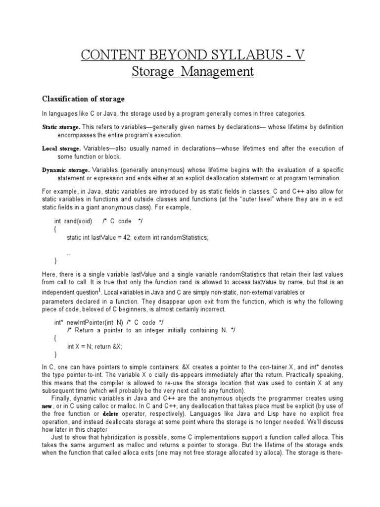 Dynamic Storage Allocation and Garbage Collection: Classifying Storage Types, Explicit ...