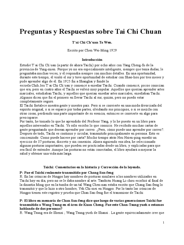 Chen Wei Ming - Preguntas Y Respuestas Sobre Tai Chi Chuan | PDF | Tai Chi | Movimiento (física)