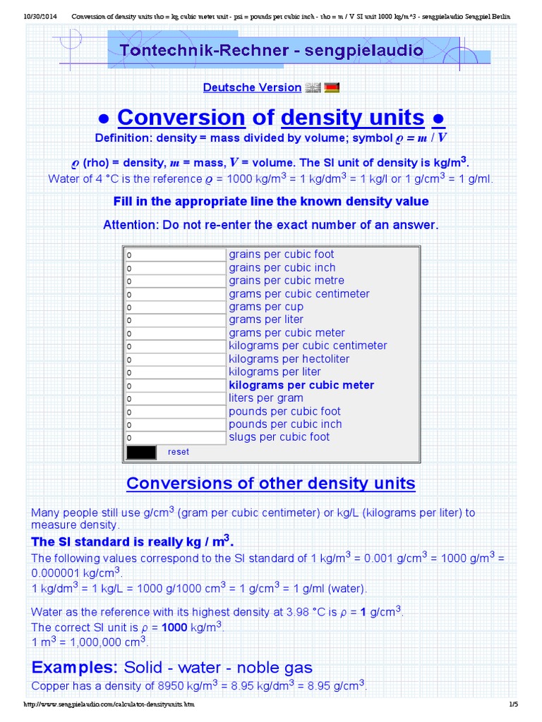 Conversion of Density Units Rho KG Cubic Meter Unit - Psi Pounds Per ...