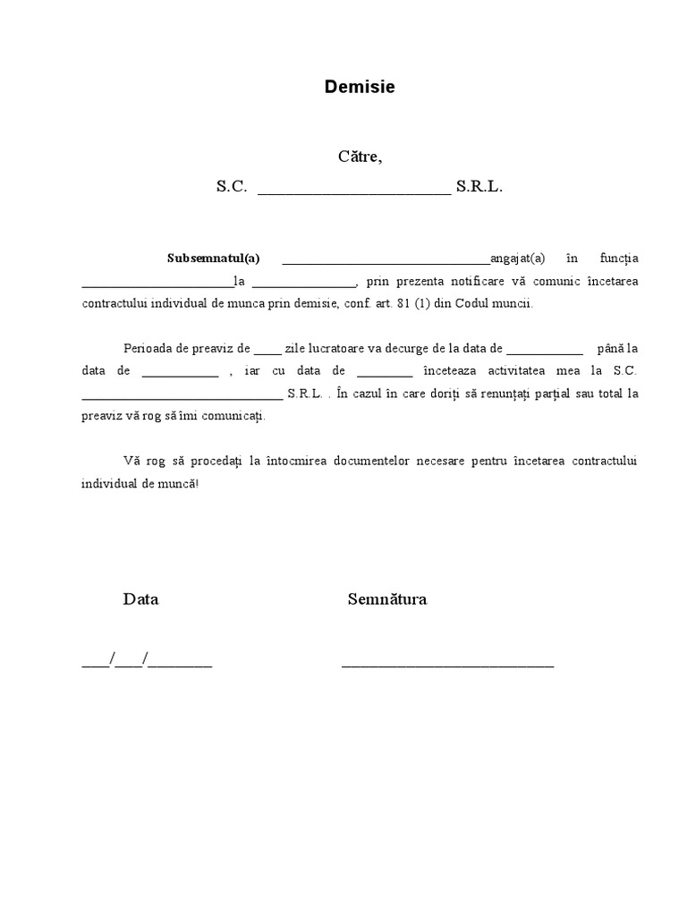 Cerere Demisie Cu Preaviz