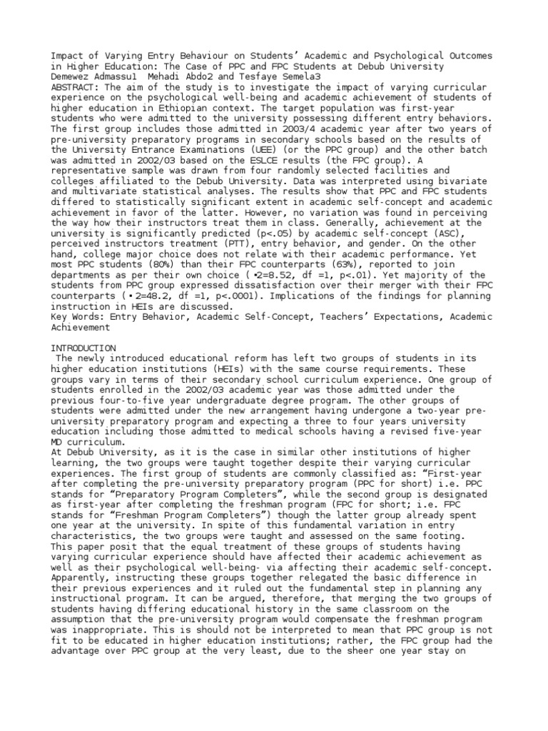 Impact of Varying Entry Behavior On Students' Academic and ...
