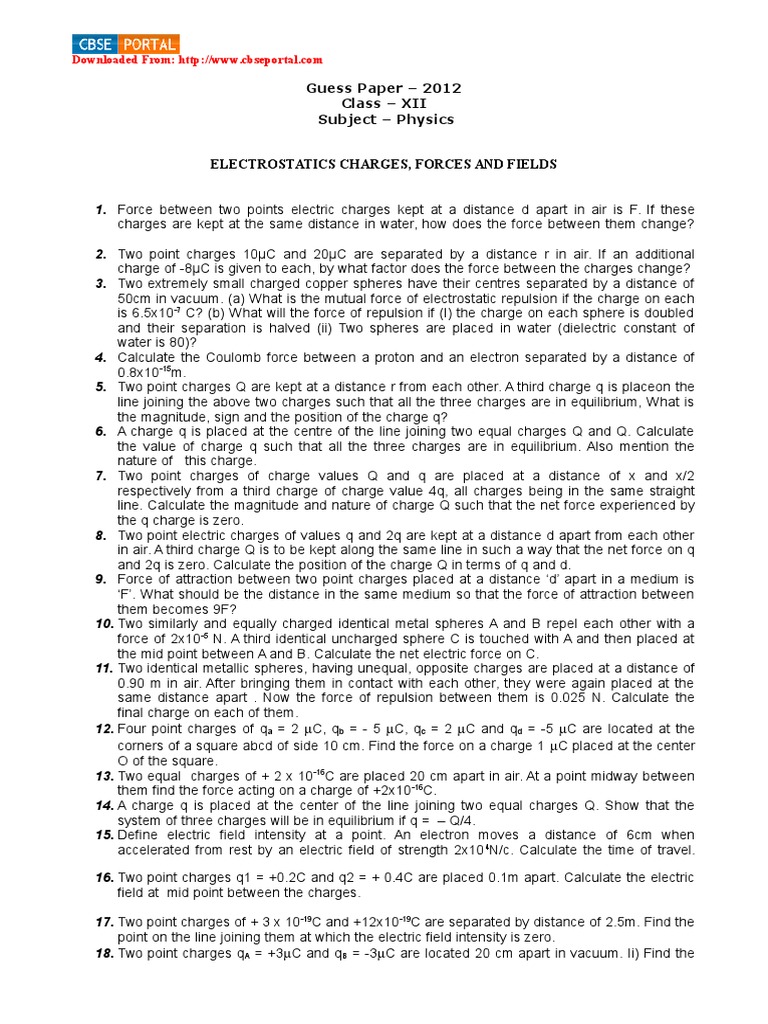 CBSE Class XII Physics Electrostatics Charges Forces Fields Guess Paper 2012 Set I | PDF ...