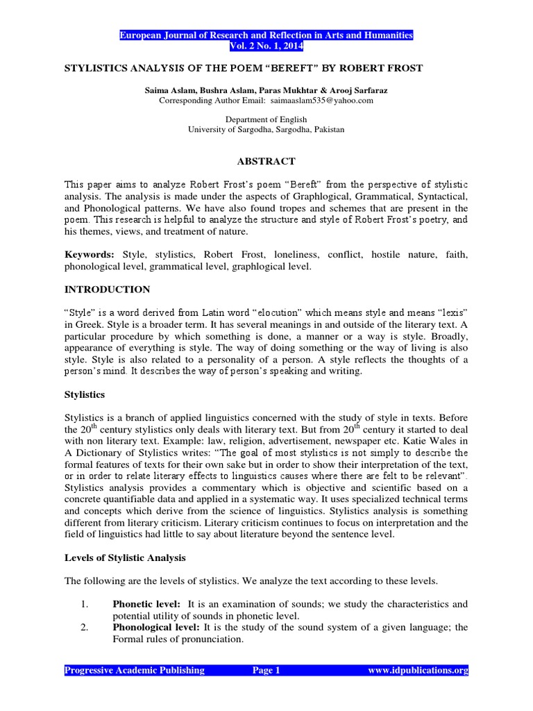 Stylistics Analysis of The Poem "Bereft" by Robert Frost | PDF ...