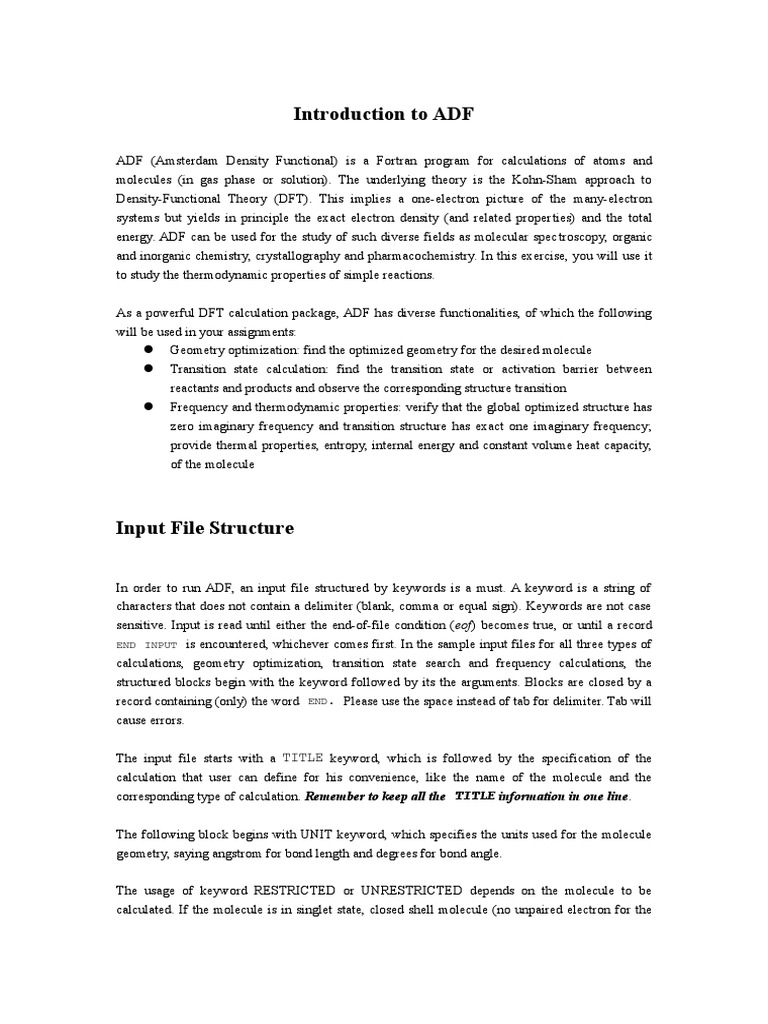 Introduction to ADF: Density Functional Theory Calculations | PDF ...