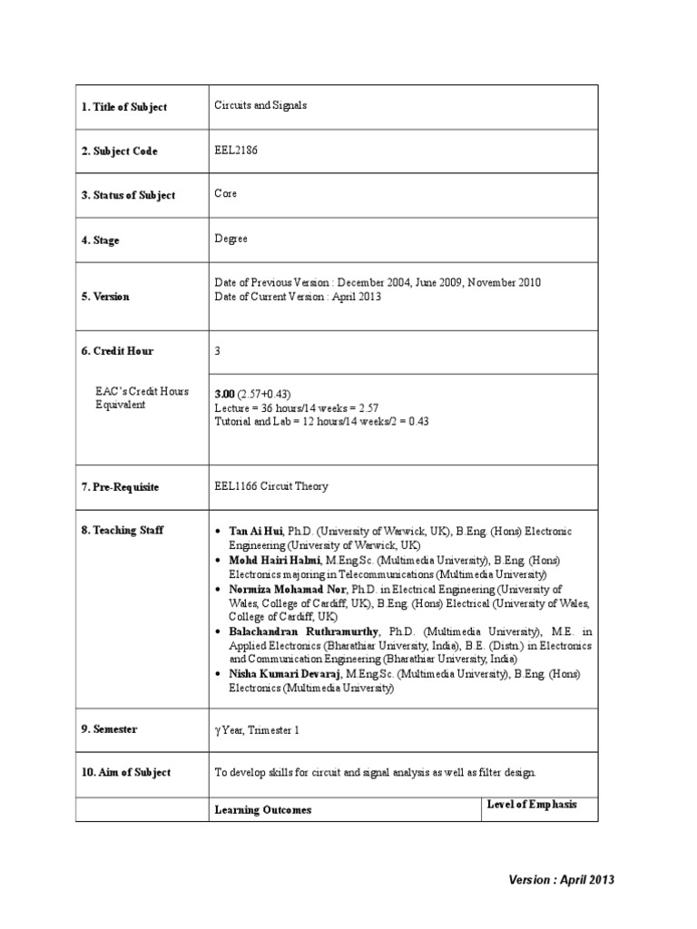 EEL2186 Circuits and Signals Syllabus | PDF | Laplace Transform | Electronic Filter