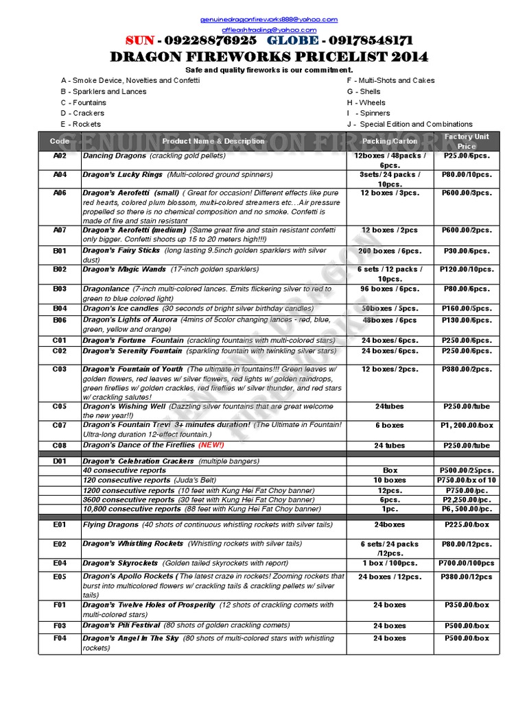 Dragon Fireworks FACTORY Pricelist For 2014 | PDF | Fireworks | Nature