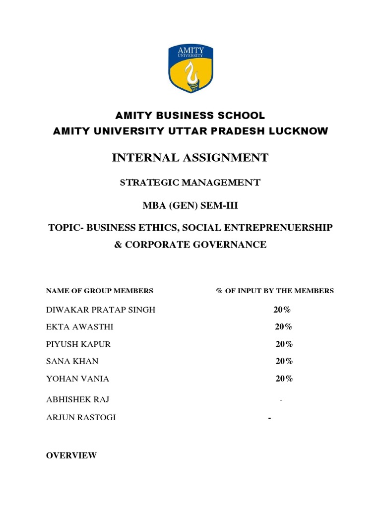 Internal Assignment: Amity Business School Amity University Uttar Pradesh Lucknow | PDF ...