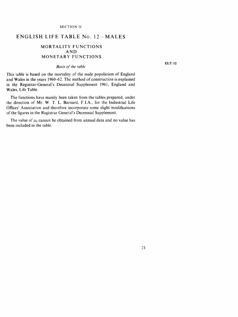 English Life Table 12-MALES: Basis of The Table | PDF | Actuarial ...