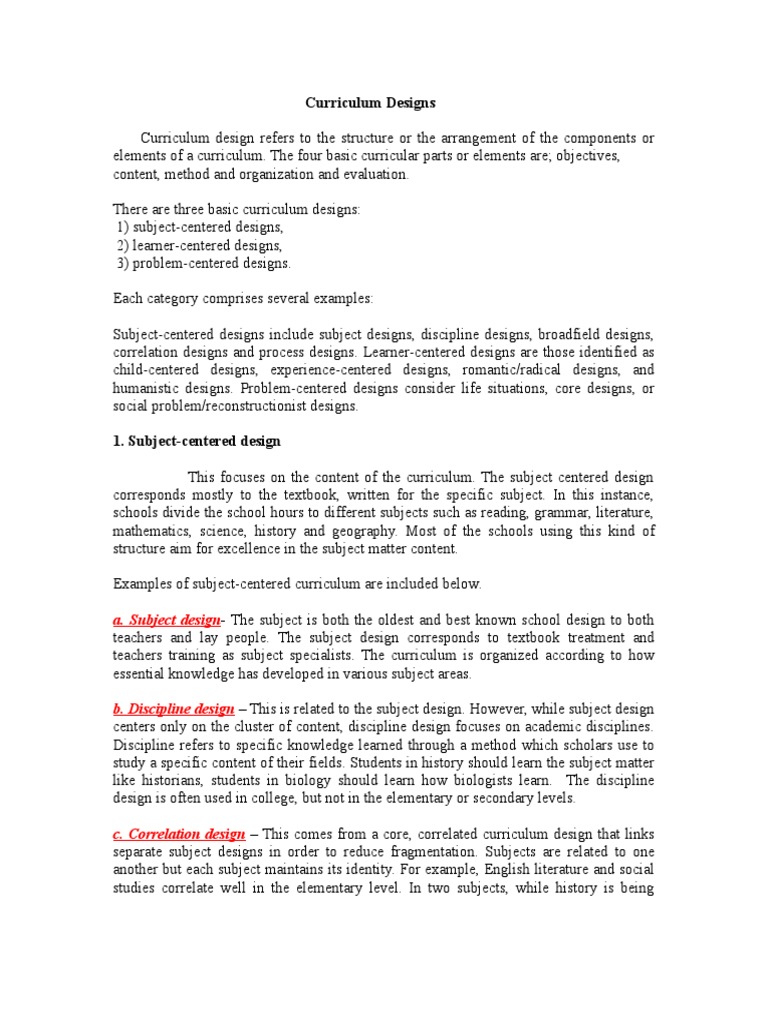 An Overview of the Three Main Categories of Curriculum Design: Subject ...