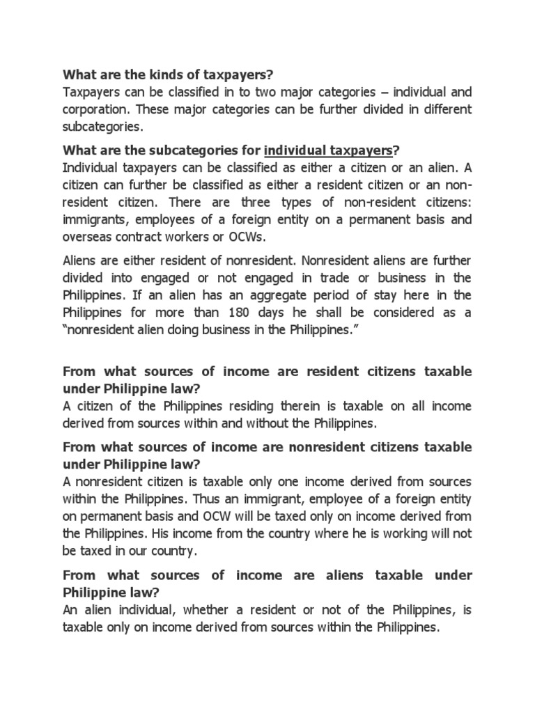 Classification of Individual Taxpayers | PDF | Taxation In The United ...