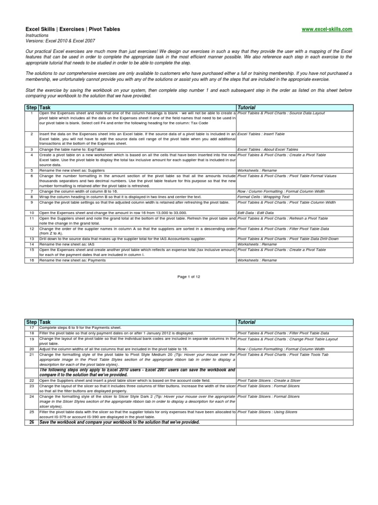Excel Skills - Exercises - Pivot Tables: Step Task | PDF | Debits And ...