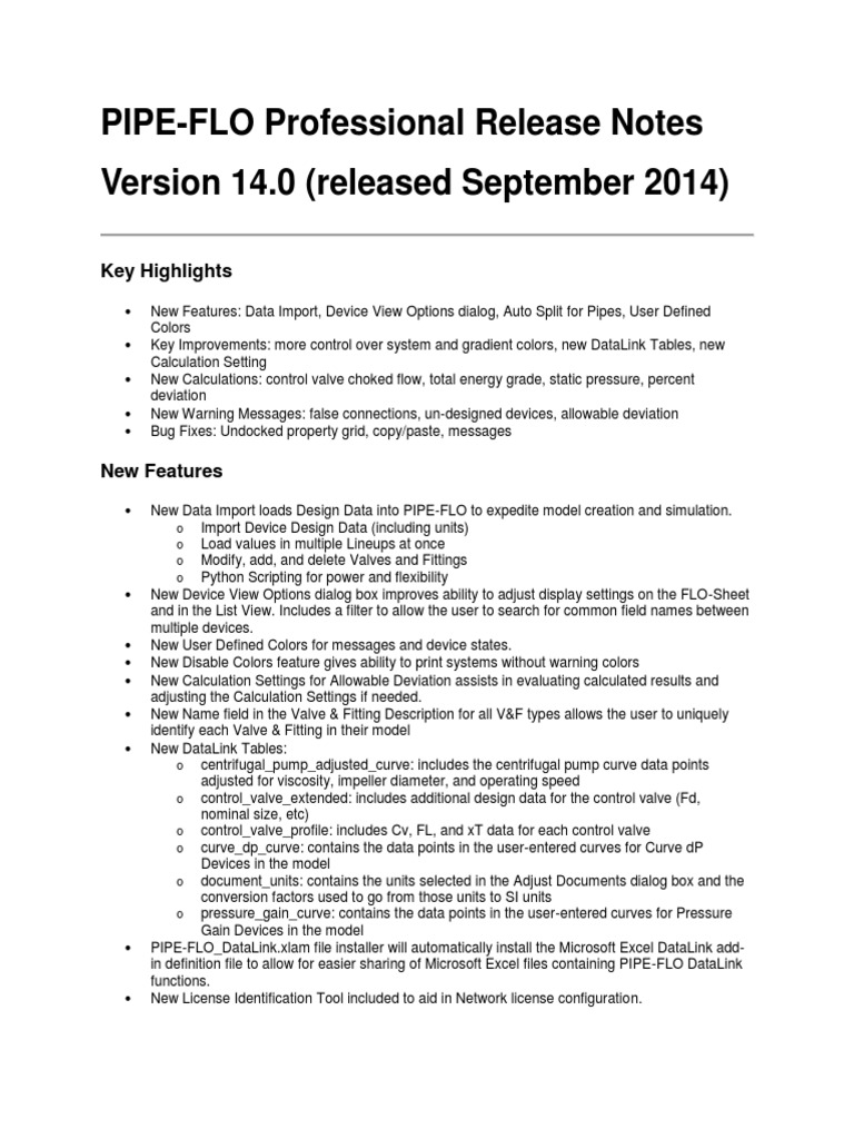 PIPE-FLO Professional Release Notes | PDF | Valve | Pipe (Fluid Conveyance)