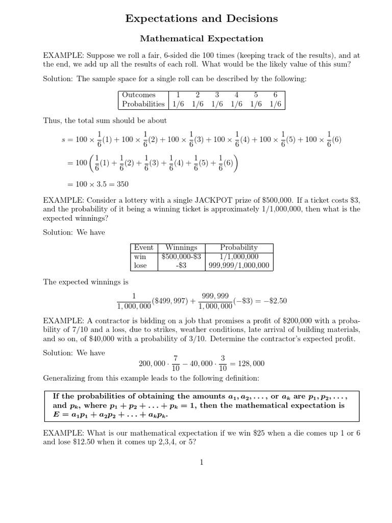 Expectations and Decisions: Mathematical Expectation | PDF | Expected ...