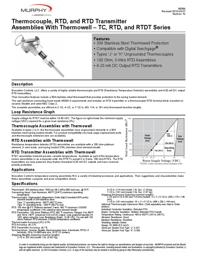 Thermocouple, RTD, and RTD Transmitter Assemblies With Thermowell - TC ...