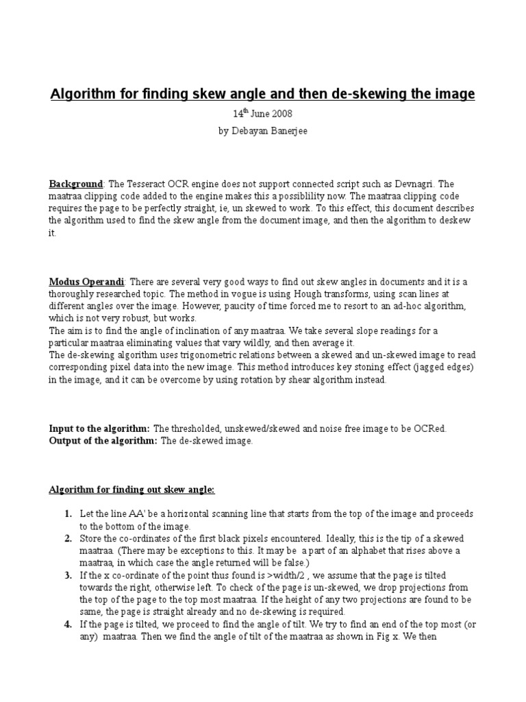 Algorithm For Finding Skew Angle and Then De-Skewing The Image ...