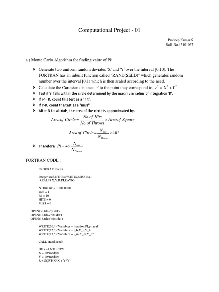 Monte Carlo Simulations for Calculating Pi and Volume of a Sphere Using FORTRAN | PDF | Pi | Circle