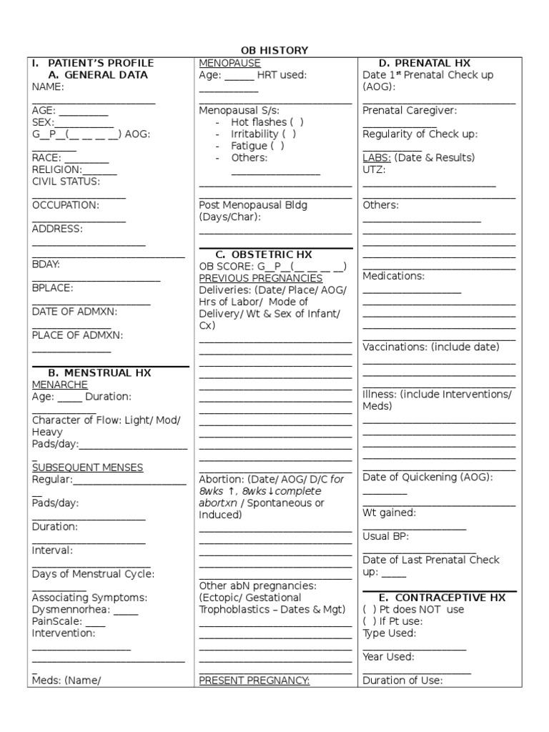 Comprehensive OB History Form | PDF