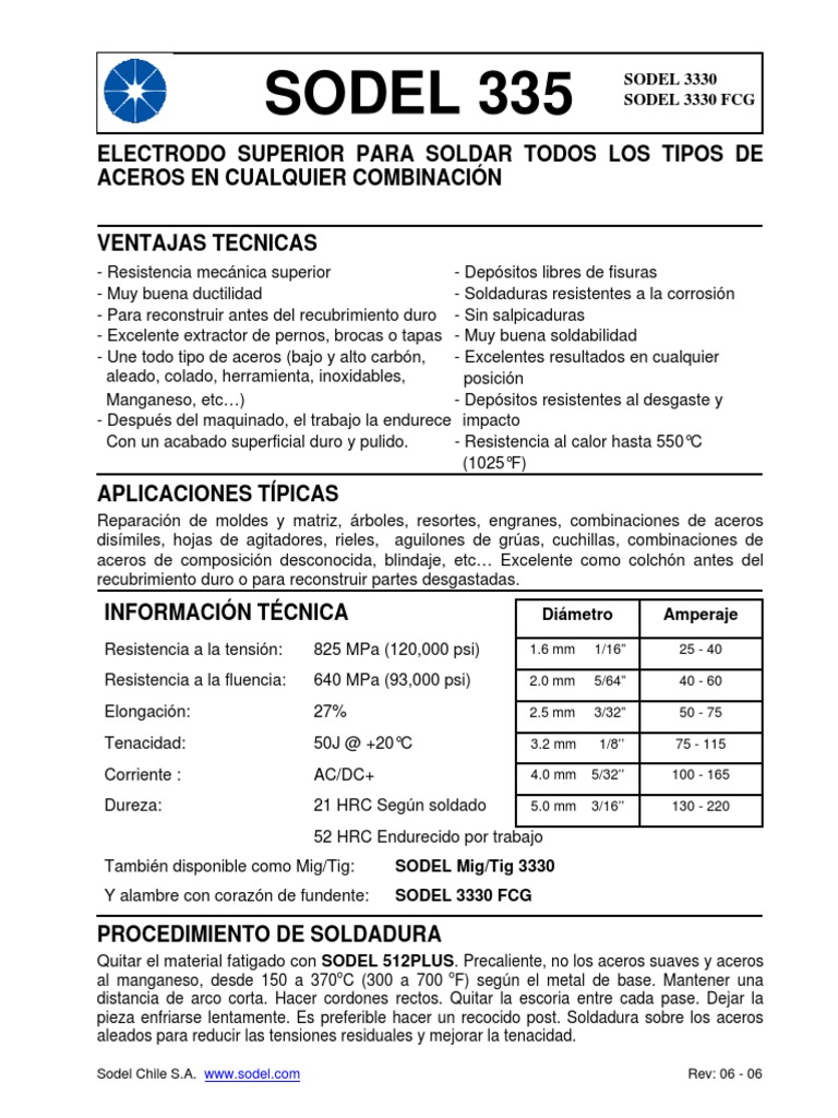 Guía de Amperaje y Electrodos Sodel 335 | PDF | Conocimiento ...