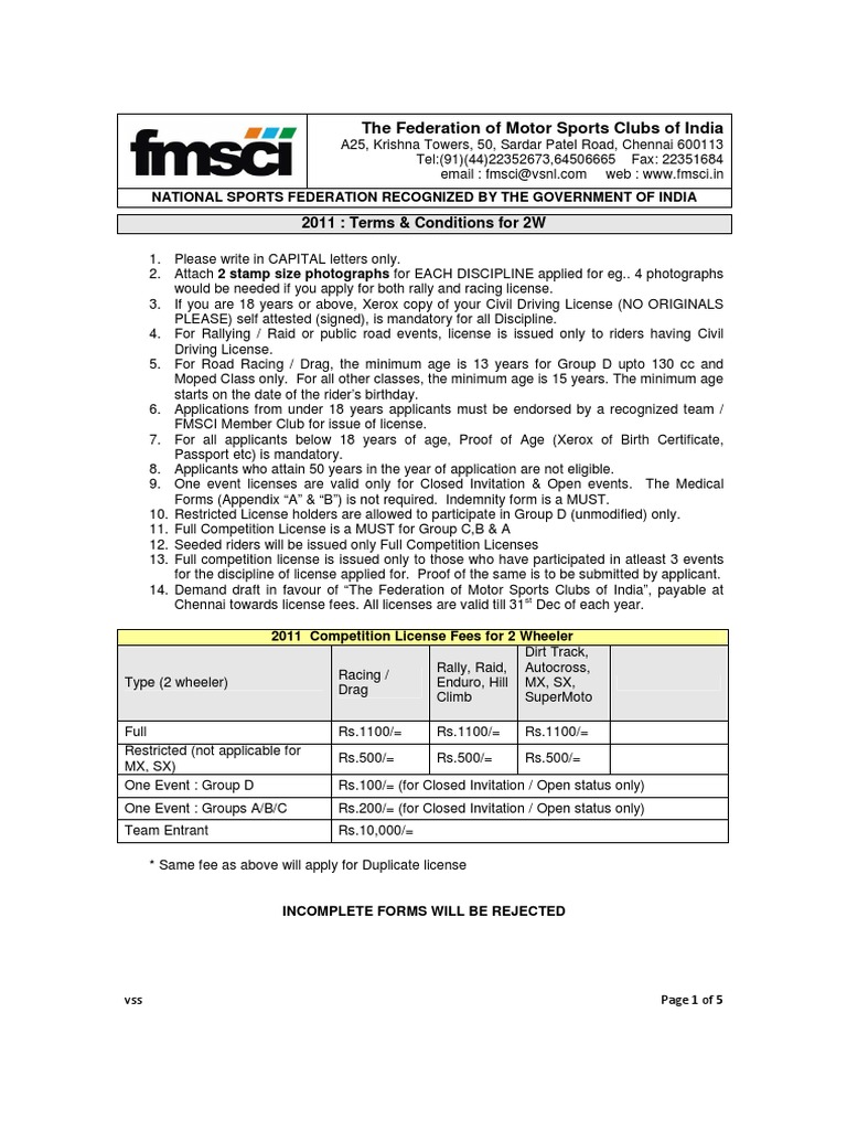 Motoracing Application Form FMSCI License | Download Free PDF | Driver ...