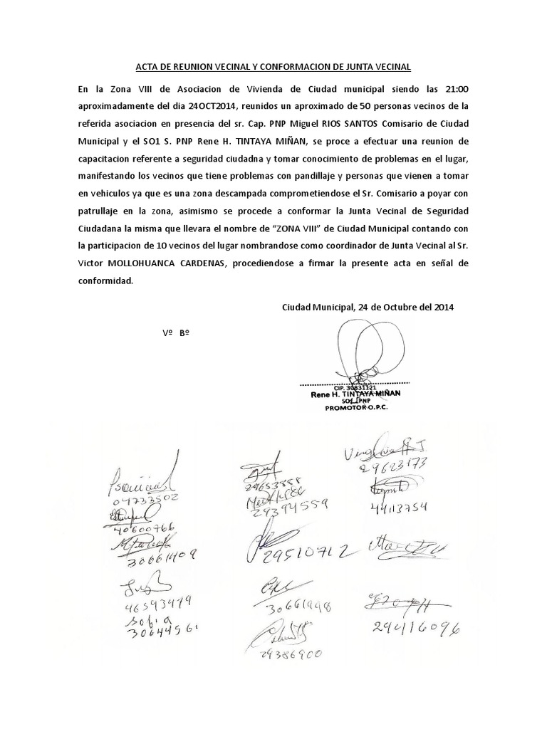 Acta de Reunion Vecinal y Conformacion de Junta Vecinal | PDF