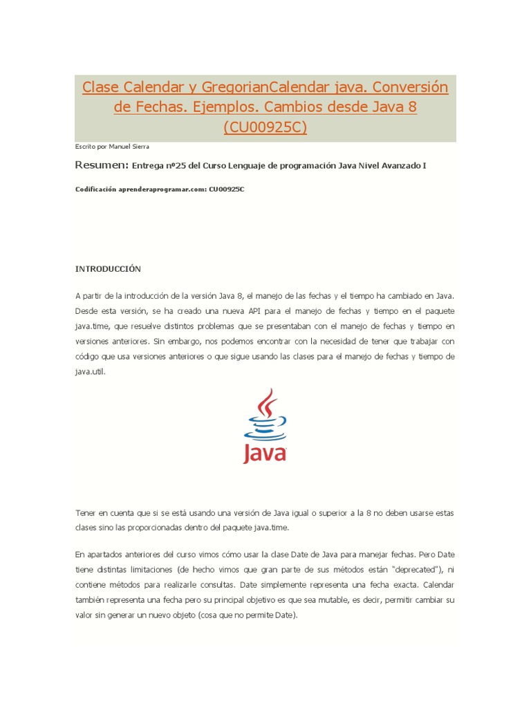 Clase Calendar y GregorianCalendar Java | PDF | Java (lenguaje de ...
