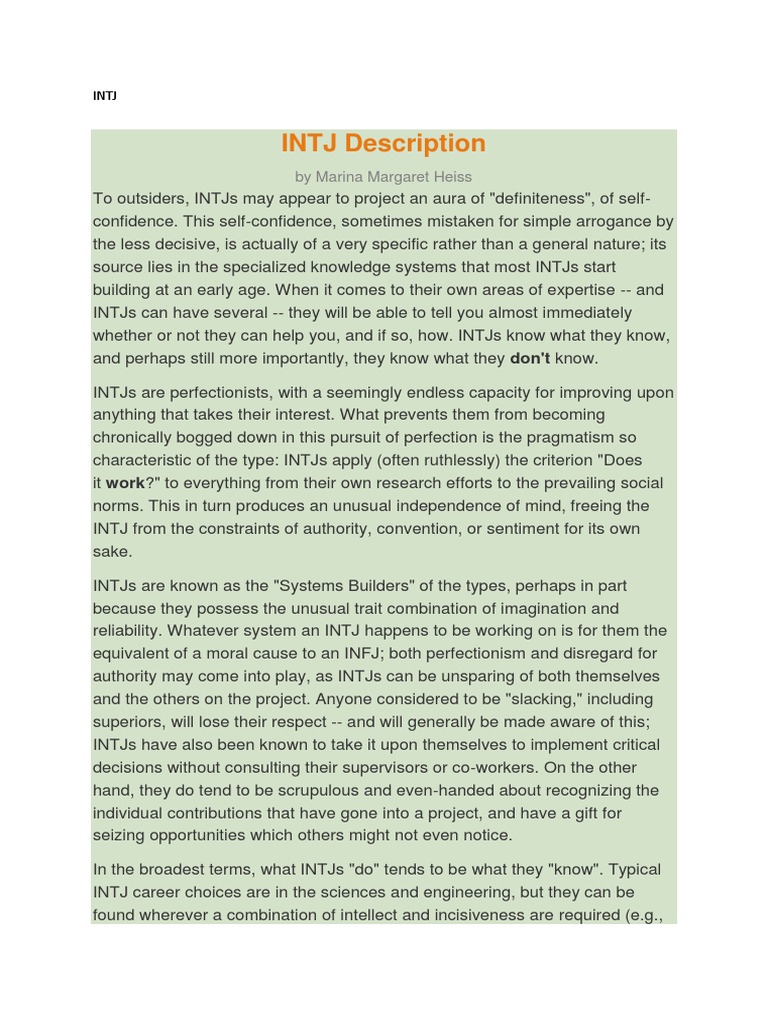 INTJ Description: Don't | Download Free PDF | Personality Type | Cognition