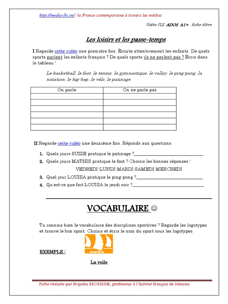 Les Losirs Et Les Passe Temps (FLE - ADOS - Niveau A1+) | PDF | Sports ...