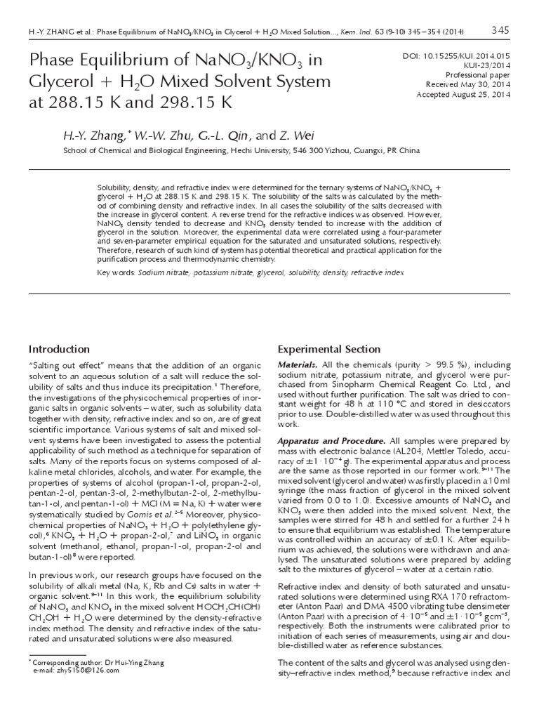 Phase Equilibrium of NaNO3/KNO3 in Glycerol + H2O Mixed Solvent System ...