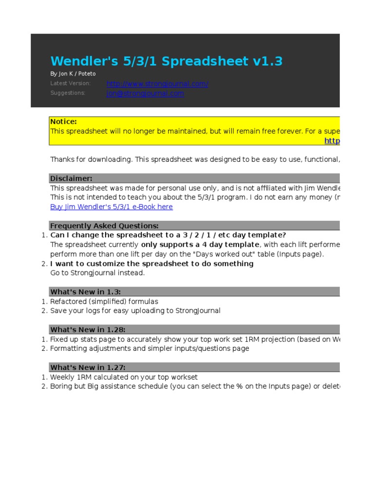 Wendler 5-3-1 v1.3 | PDF | Spreadsheet | Computing