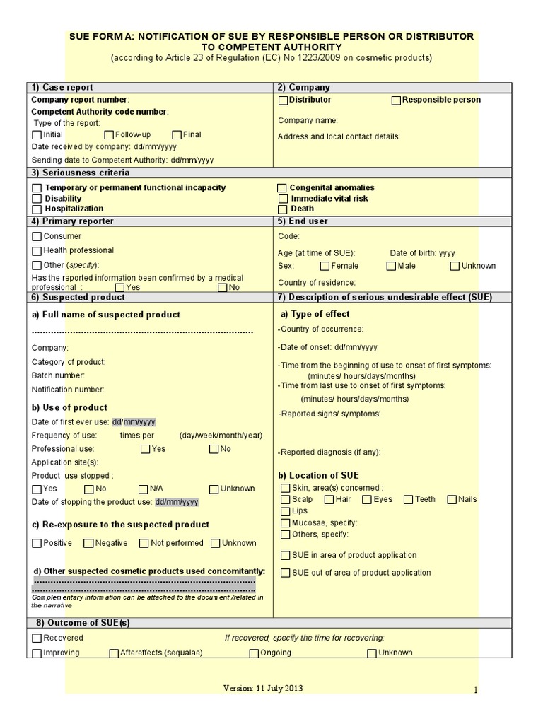 SUE FORM a - Notification of Sue by Responsible Person or Distributor ...