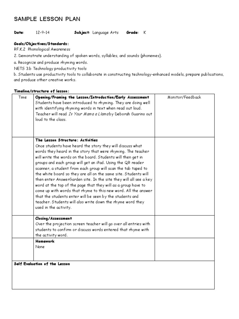 Rhyming Lesson Plan for Kindergarten | PDF