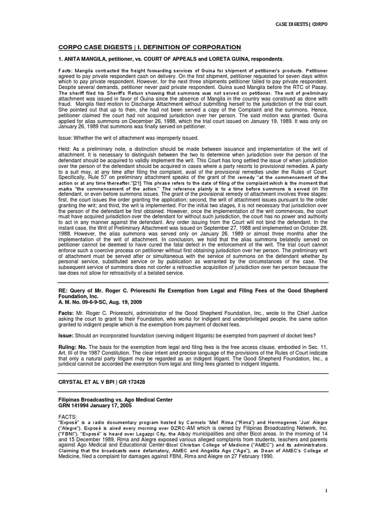Corpo Case Digests I | Download Free PDF | Writ | Defamation