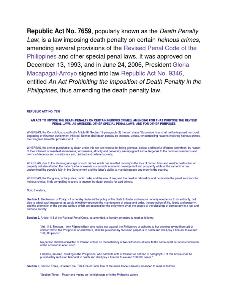 Ra 7659 | PDF | Treason | Capital Punishment