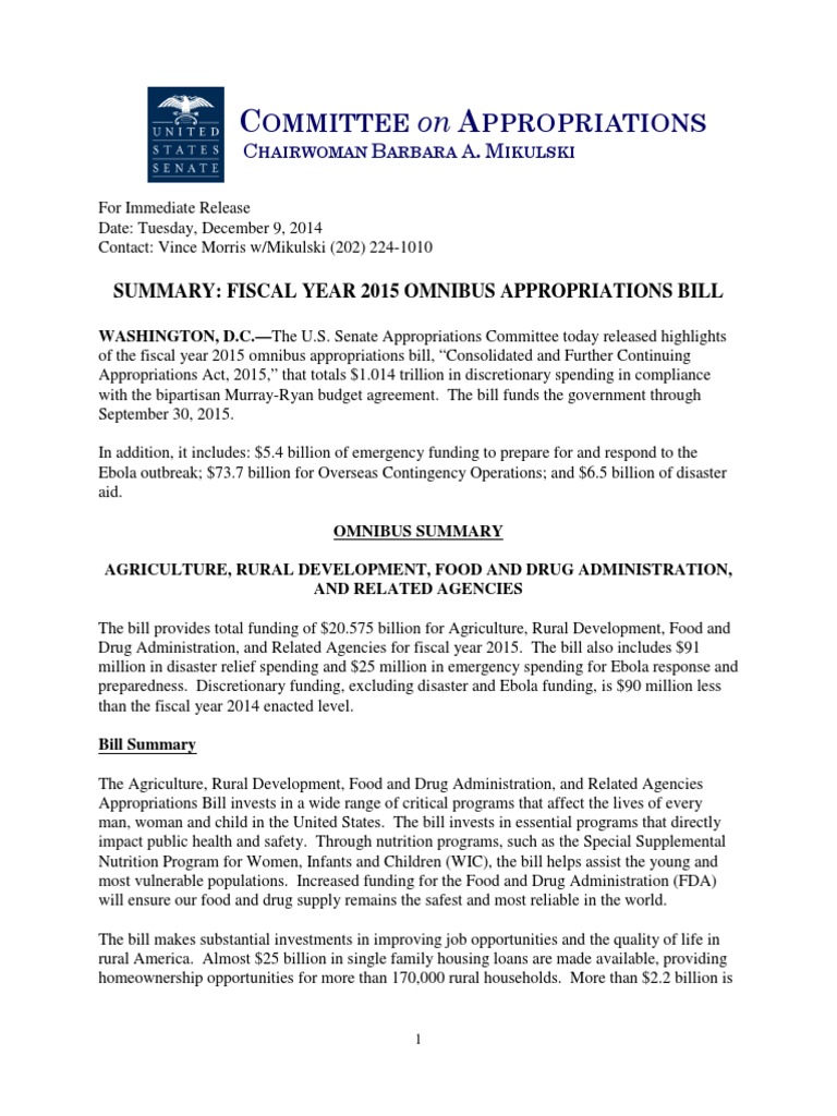 2015 Omnibus Appropriations Bill | PDF | Wic | Appropriations Bill ...
