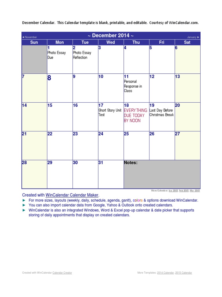 December 2014 Printable Calendar | PDF | Art