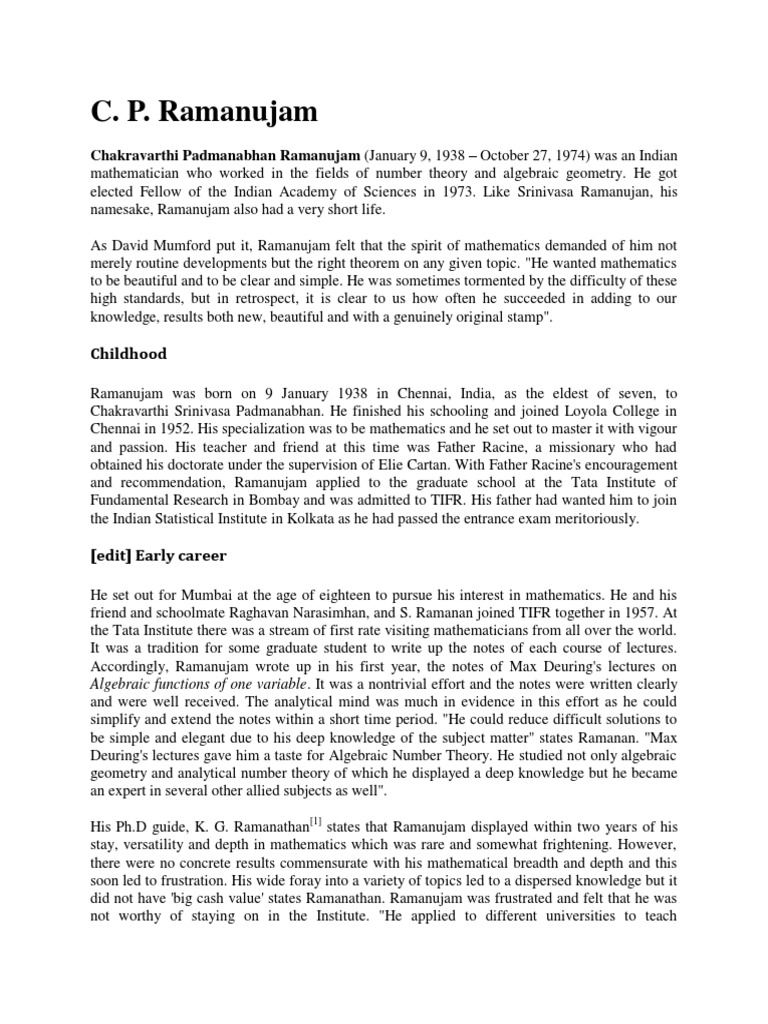 C. P. Ramanujam: Chakravarthi Padmanabhan Ramanujam (January 9, 1938 ...