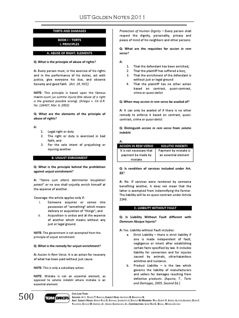 UST Golden Notes 2011 - Torts and Damages PDF | PDF | Tort | Negligence