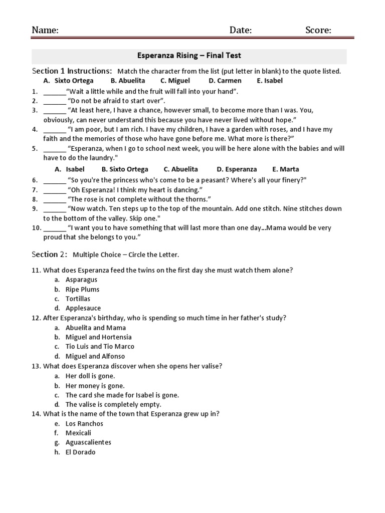 Esperanza Rising - Final Test | PDF
