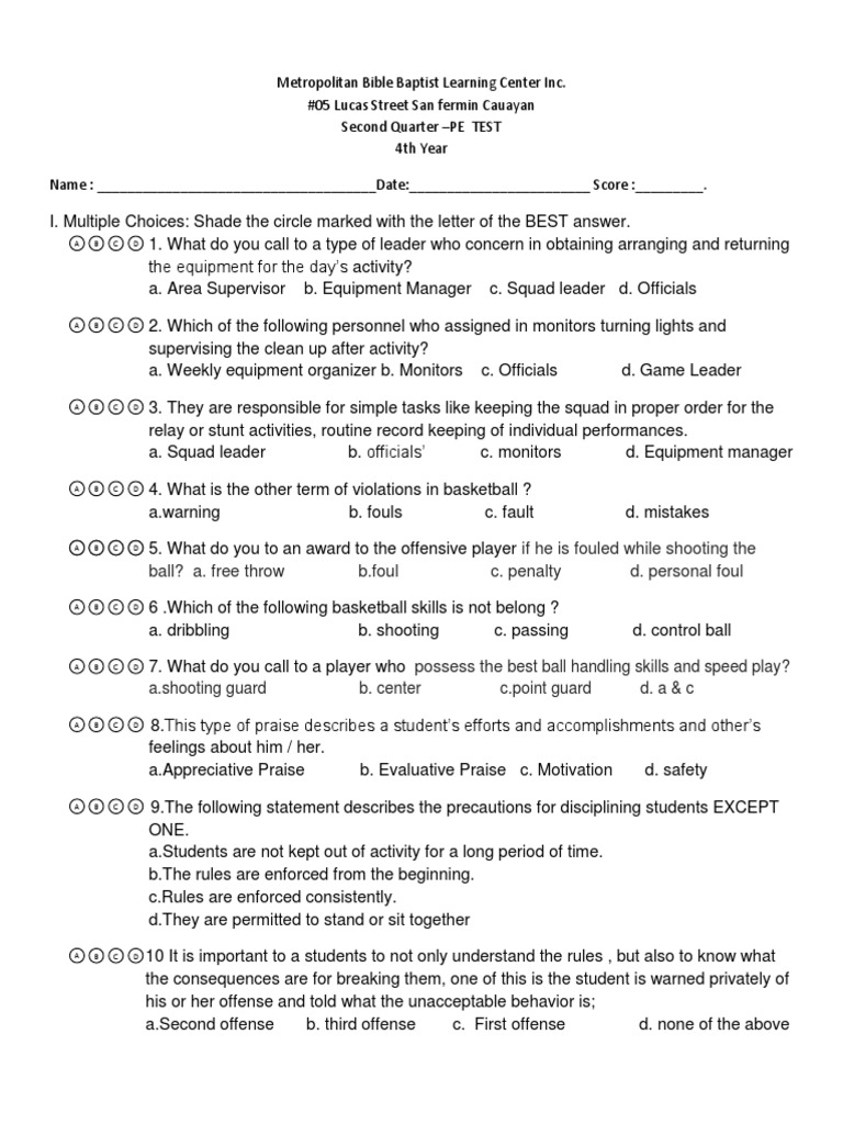 PE Test Questions | PDF | Games Of Physical Skill | Team Sports