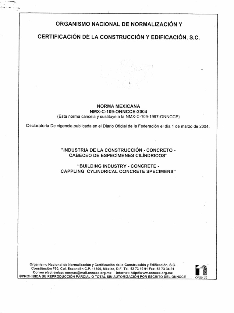 Cabeceo de cilindros de concreto NMX-C-109 | PDF | Cemento | Azufre