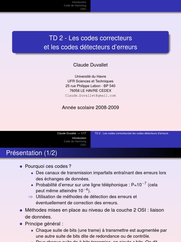 Cours & TD Les Codes Correcteurs Et Les Codes Détecteurs D'erreurs ...