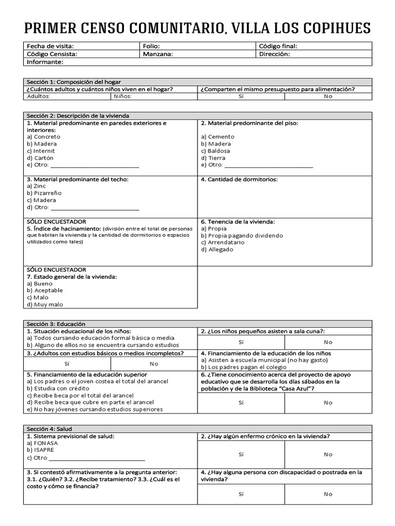 ficha prototipica para censo comunitario latinoamericano y chleno