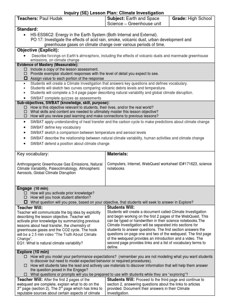 Greenhouse Effect Inquiry Lesson Plan | PDF | Climate Change ...