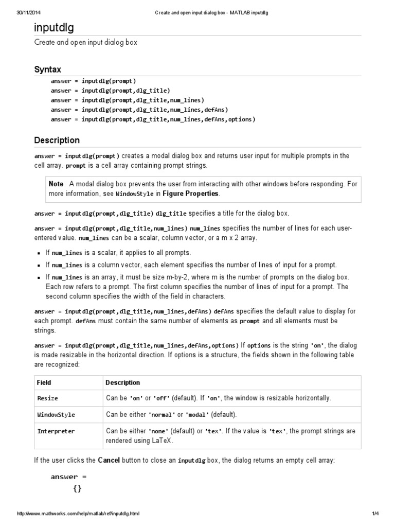 Create And Open Input Dialog Box Matlab Inputdlg Pdf Dialog Box Command Line Interface 9291