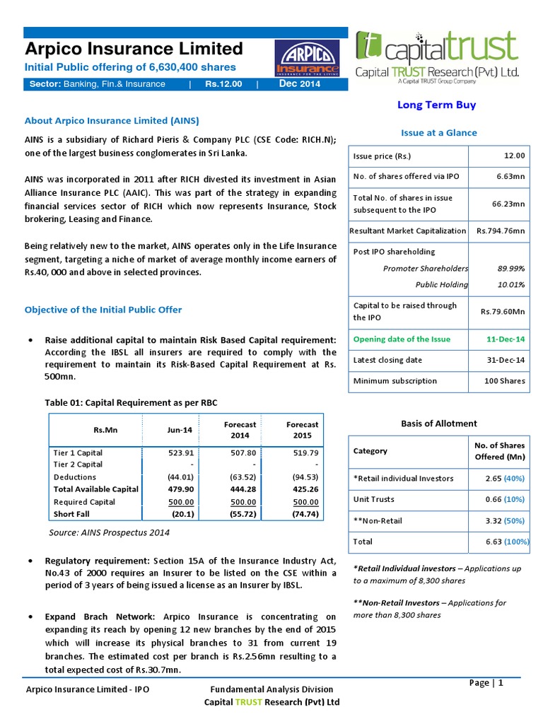 Arpico Insurance IPO - Capital TRUST Research PDF | PDF | Initial ...