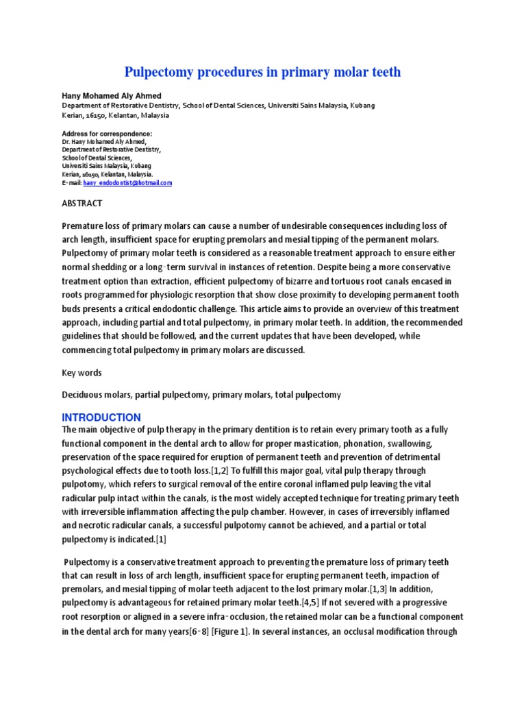 Pulpectomy Procedures in Primary Molar Teeth | Human Tooth | Tooth