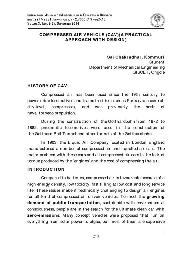 Compressed Air Vehicle (Cav) (A Practical Approach With Design) | Download Free PDF | Internal ...