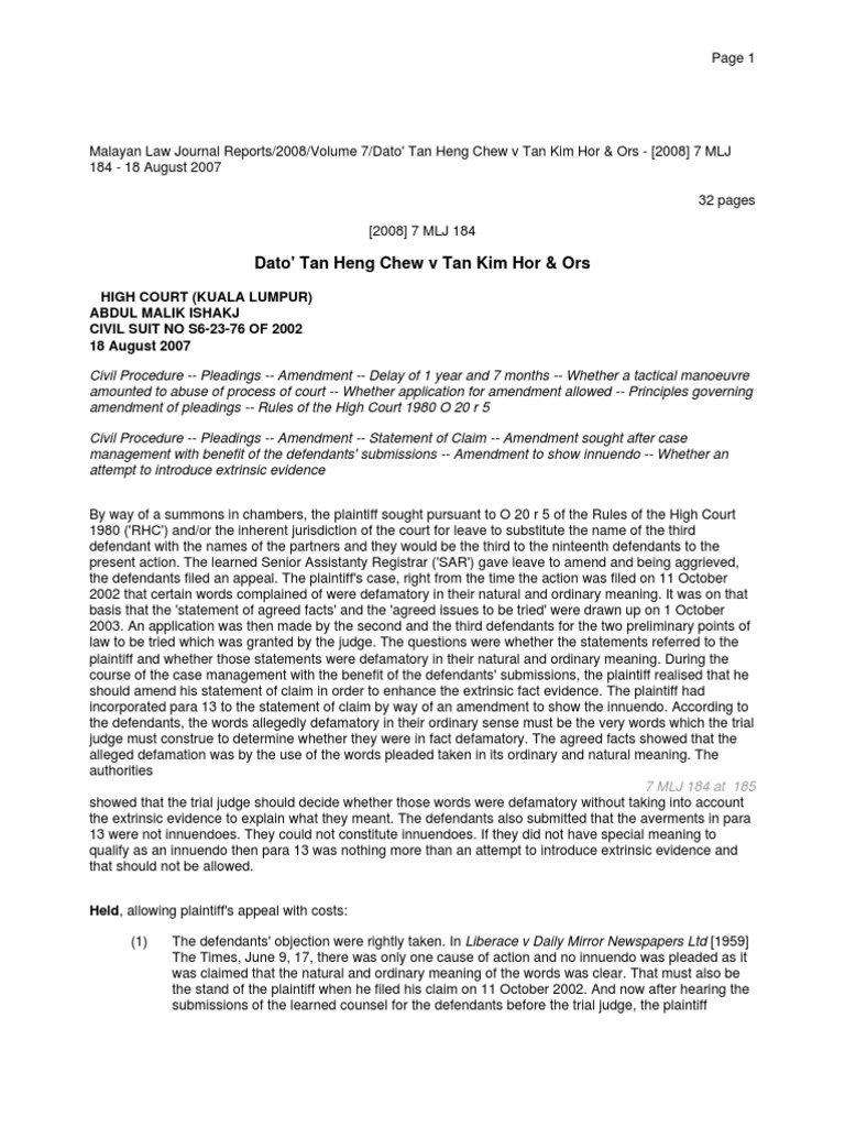 Dato Tan Heng Chew V Tan Kim Hor Ors (2008) 7 MLJ 184, HC | PDF | Pleading | Lawsuit